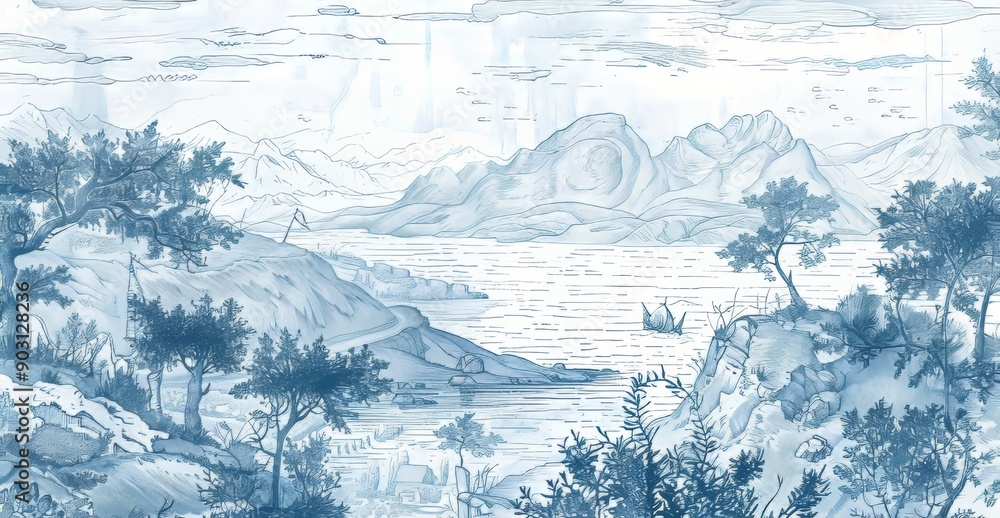 Pattern with horizontal mural with landscape with mountains, sea, trees ...
