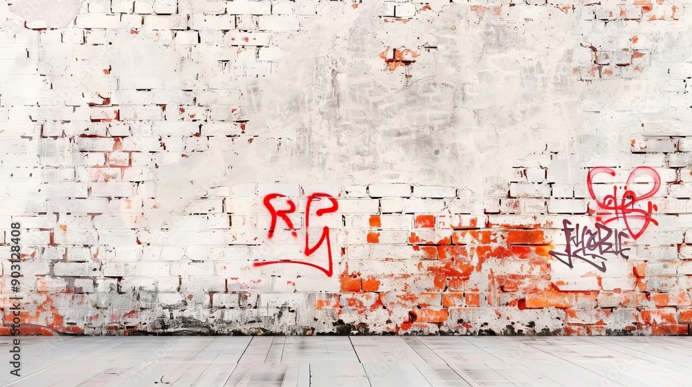 Weathered brick wall with graffiti tags, urban texture, street art ...