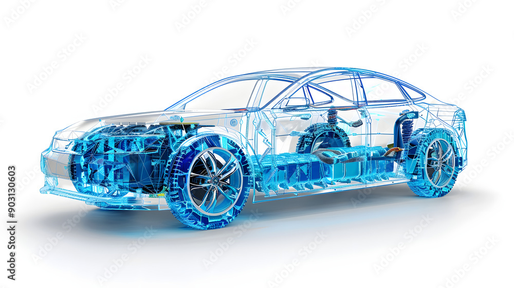 3D rendering of transparent car with battery pack. Cross section ...