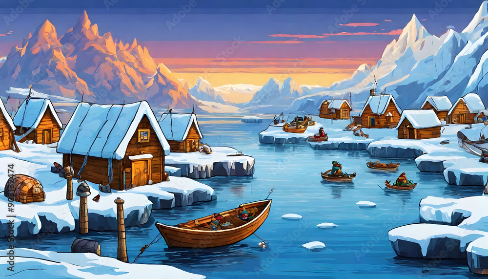 Inuit fishing village: scene of an Inuit fishing village, with ...