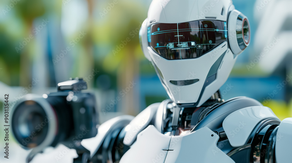 AI robot filming a scene with a professional camera, digital interface ...