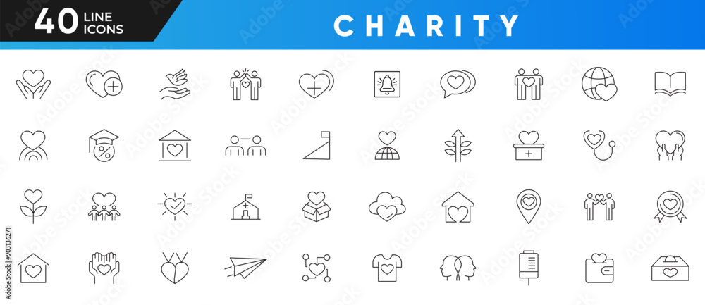 Charity line icon set. Almsgiving, donation, contribution, humanism ...
