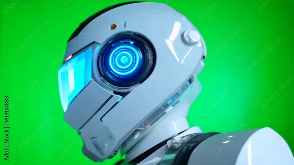 A rotation in close-up of a modern robot featuring a bright blue visor ...