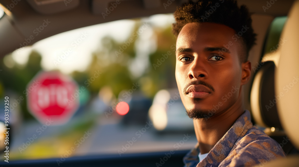 Nervous student driver at a stop sign, instructor beside them giving ...