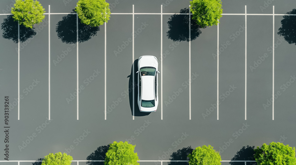 Overhead shot of a car in a parking lot, student driver performing a ...