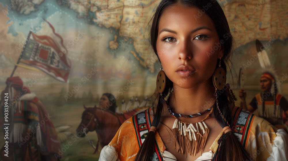 A beautiful young Native American woman standing proudly in traditional ...