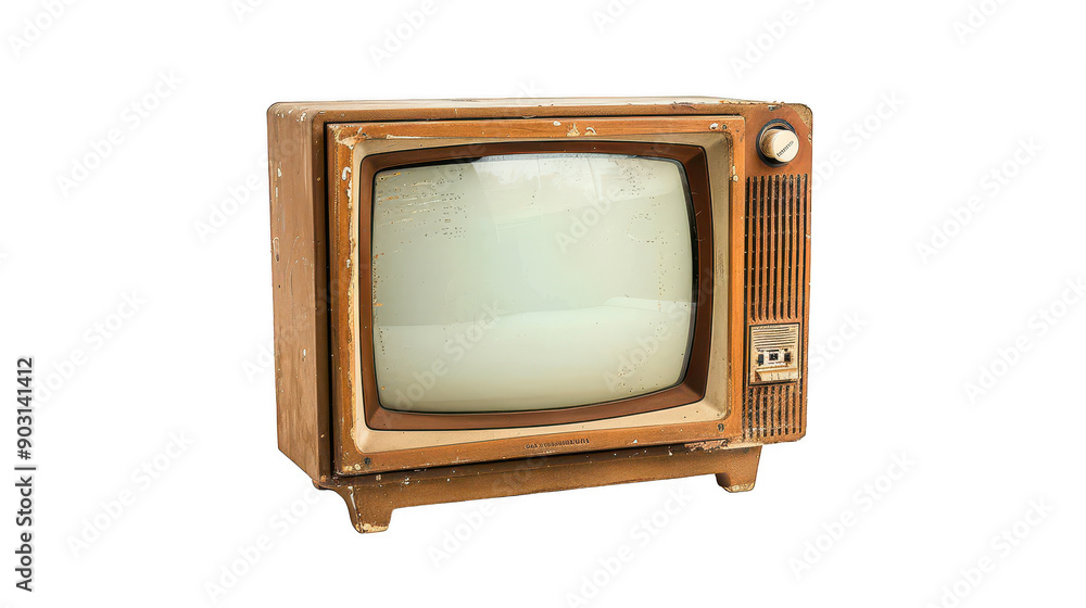 Vintage brown rectangular television with a curved screen showing ...