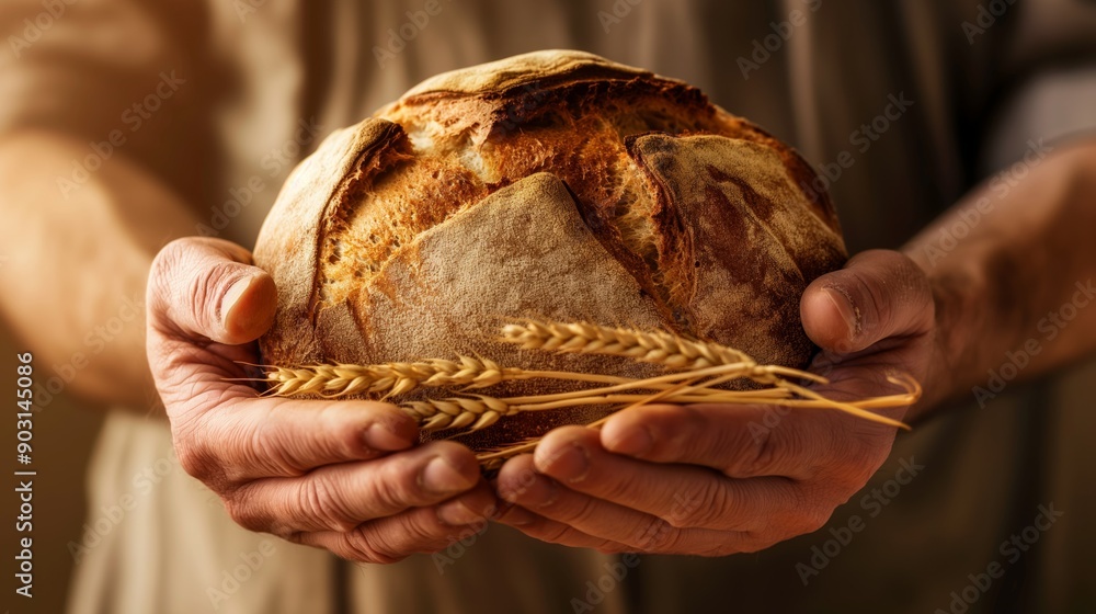 Baker man holding bread loaf and wheat ears in hands on dark background ...