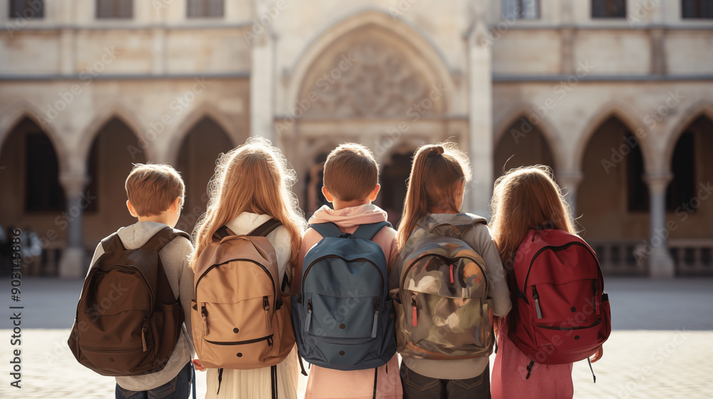 Groupe de jeunes enfants de dos avec un cartable sur le dos, face à un ...