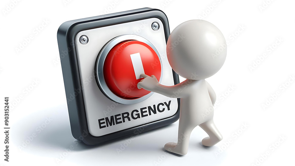 3D Cartoon Character Pressing the Emergency Button, Urgent Situation ...