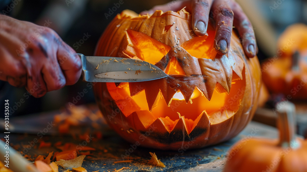 hand carving a detailed jack-o'-lantern with a sharp knife Stock Photo ...