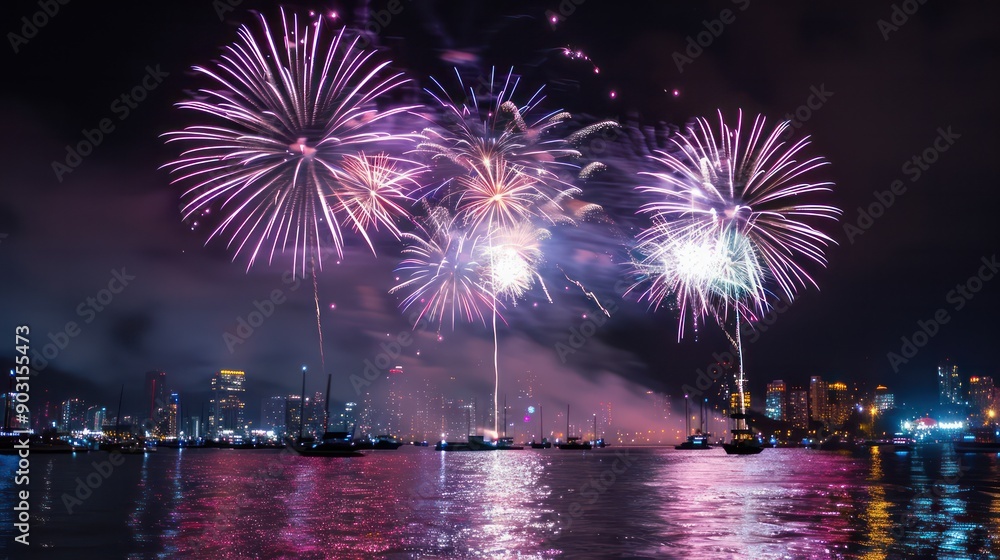 A fireworks display is lit up in the night sky over a body of water ...