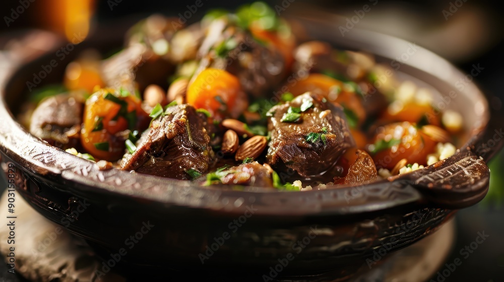 This traditional dish showcases a rich, hearty meat stew with ...