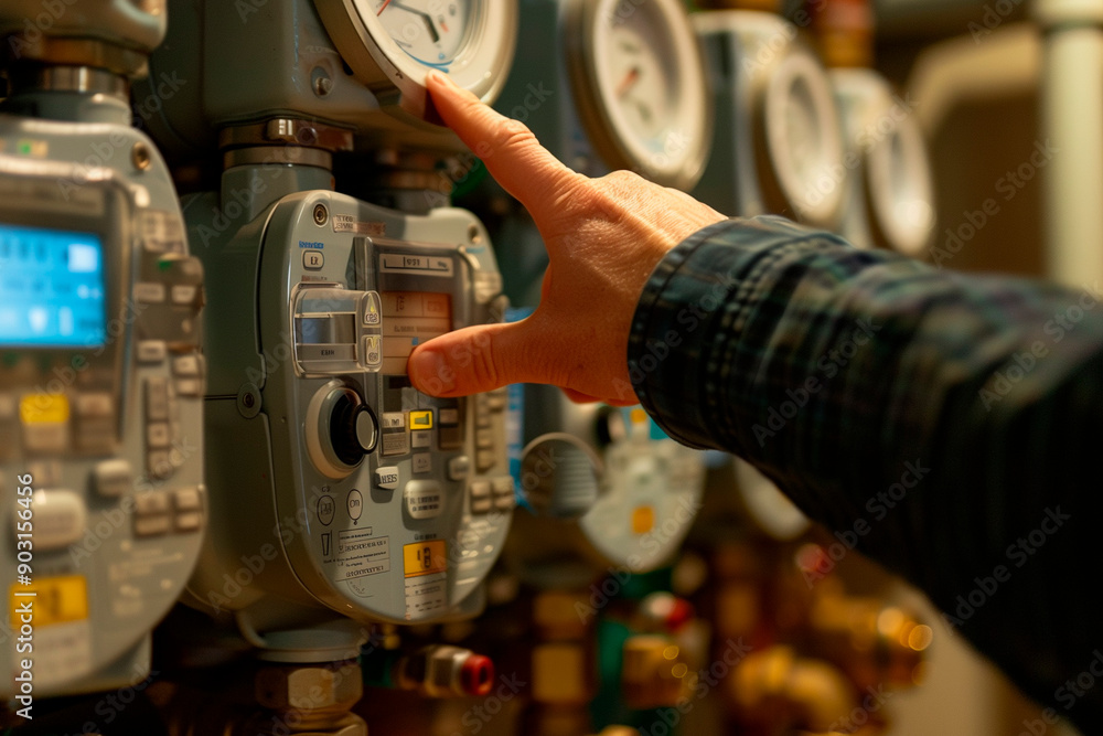 Inspecting Utility Meters in a Basement During Evening Maintenance for ...