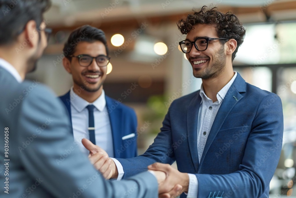 Two beautiful businessmen smiling and shaking hands in front of their ...