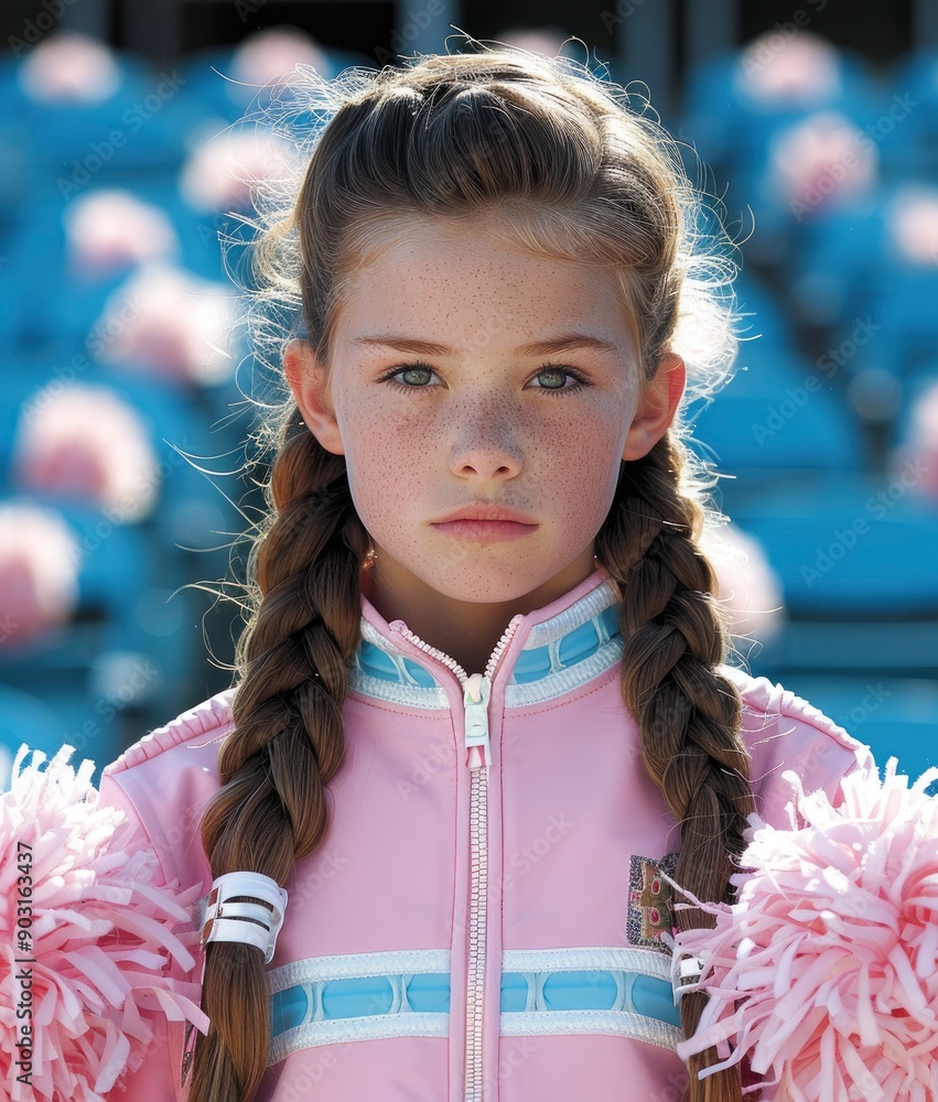 Young Girl with Braids Wearing Pink Cheerleading Jacket Stock Photo ...