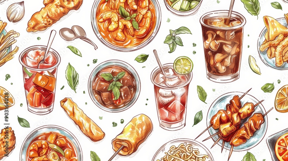 Hand-drawn rough pattern of popular Thai dishes like beef salad, Pad ...