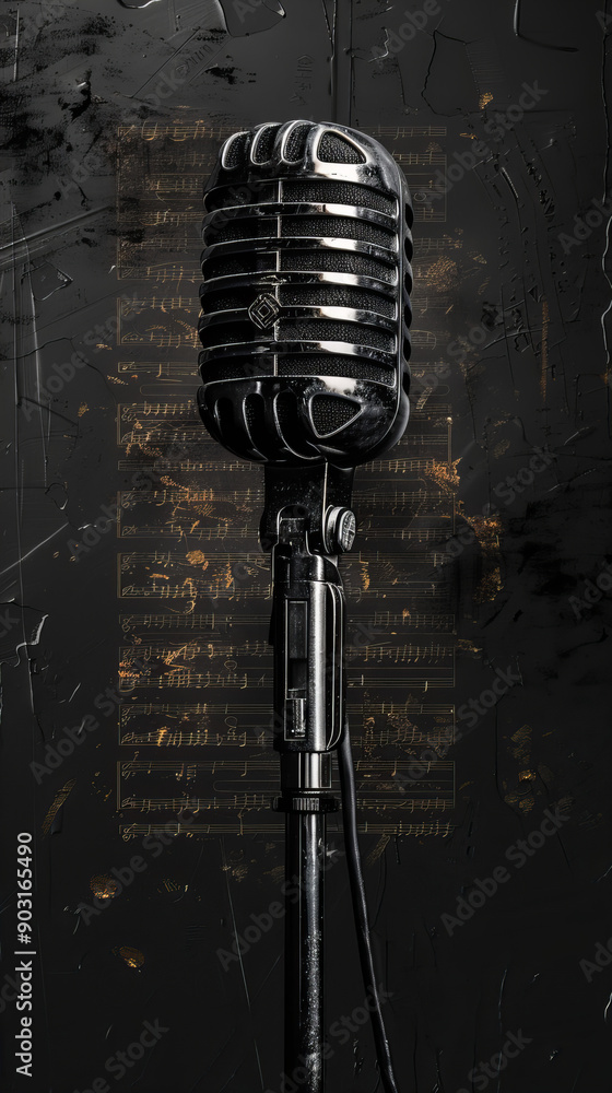 vintage microphone against a dark, textured background with faint ...