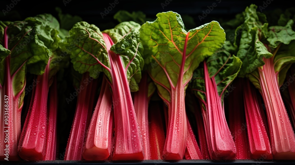 Fresh stalks of rhubarb with vibrant green leaves, arranged neatly. The ...