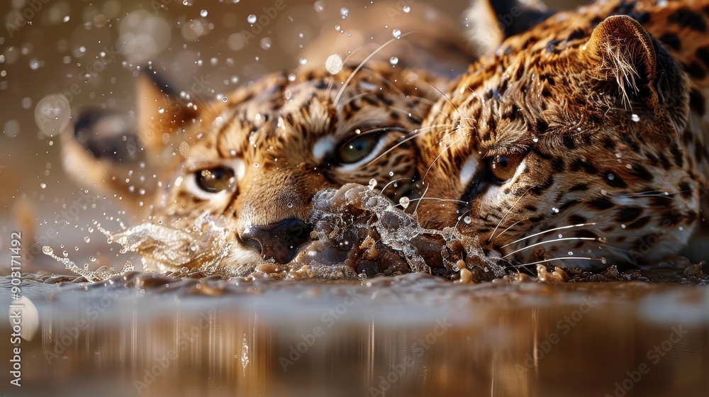 Two leopards swimming through water, creating playful splashes and detailed water droplets ...