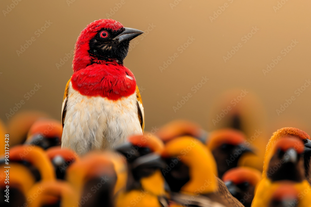 Brightly colored bird perched among a flock of dull-colored birds ...