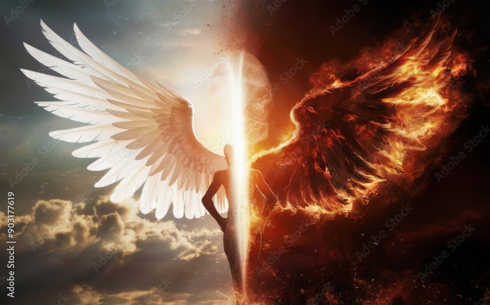 Concept art of good versus evil Radiant white angel wing juxtaposed ...