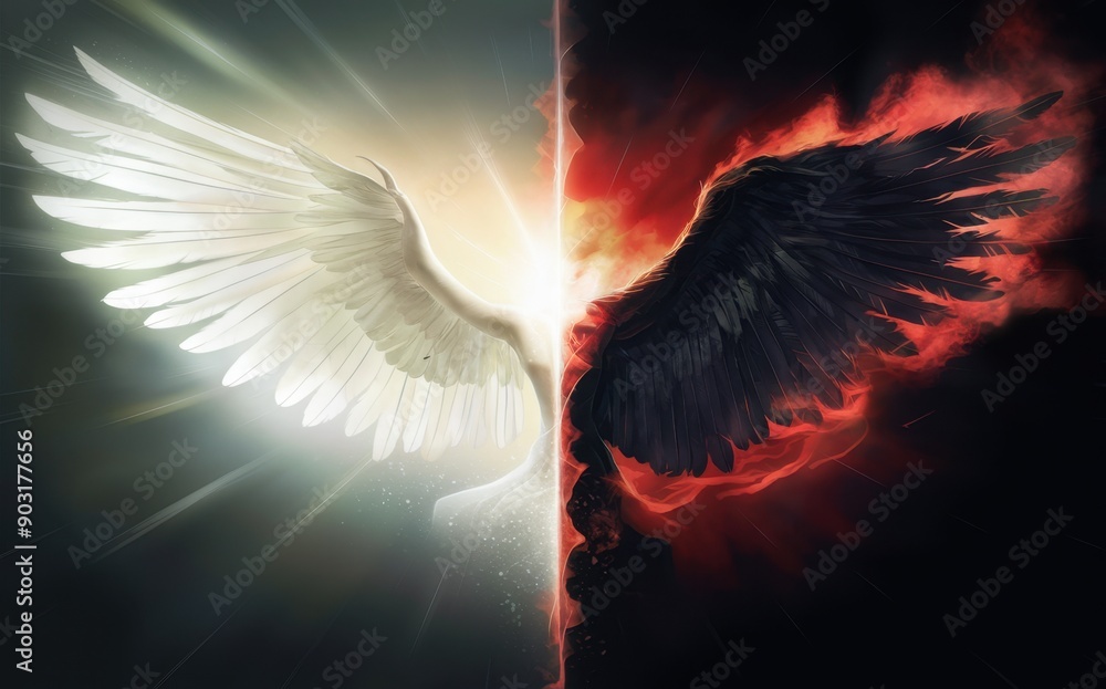 Concept art of good versus evil Radiant white angel wing juxtaposed ...