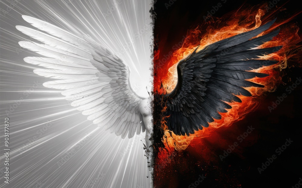 Concept art of good versus evil Radiant white angel wing juxtaposed ...