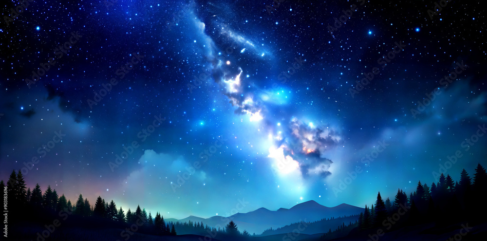 starry night sky with milky way galaxy and silhouette of pine trees ...