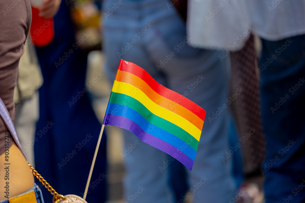 Celebration of pride month in Amsterdam, Peoples with mimi rainbow ...