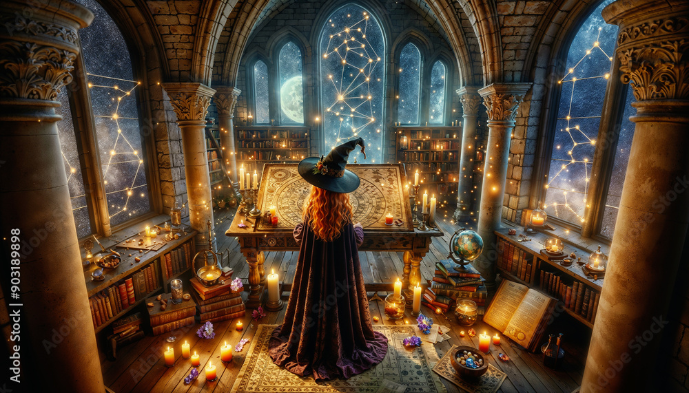 Ancient sorceress practices alchemy in a fantasy library with glowing ... Ancient sorceress practices alchemy in a fantasy library with glowing ...