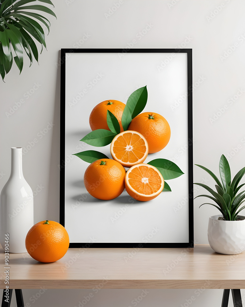 Mockup póster plantilla fruta naranjas junto a una maceta con una ...