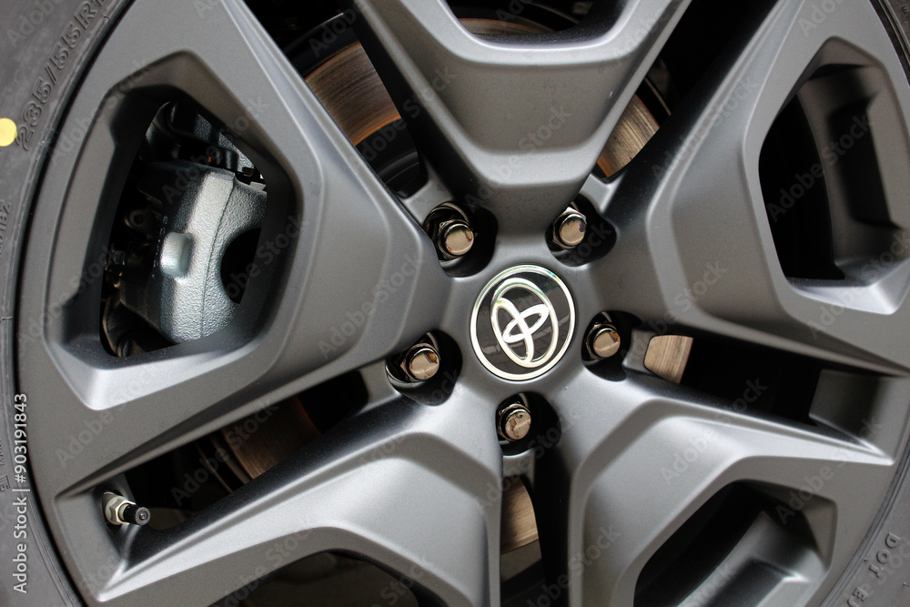 Vinnytsia, Ukraine; July 30, 2024. Black Toyota RAV4 Hybrid light alloy ...