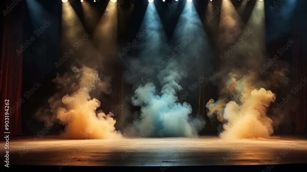 Grand premiere stage. Dramatic theatre stage with spotlights beams and ...