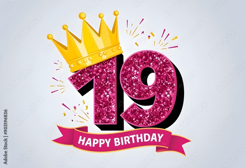 Glittering 19th Birthday Graphic with Pink Sparkle Numbers, Gold Crown ...