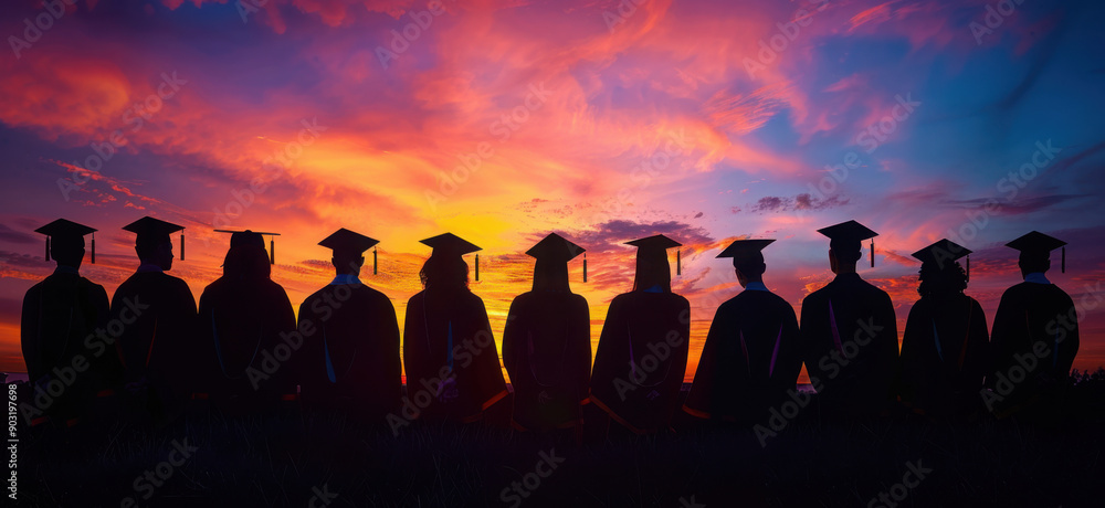 Silhouettes of students with graduate caps in a row on panoramic sunset ...