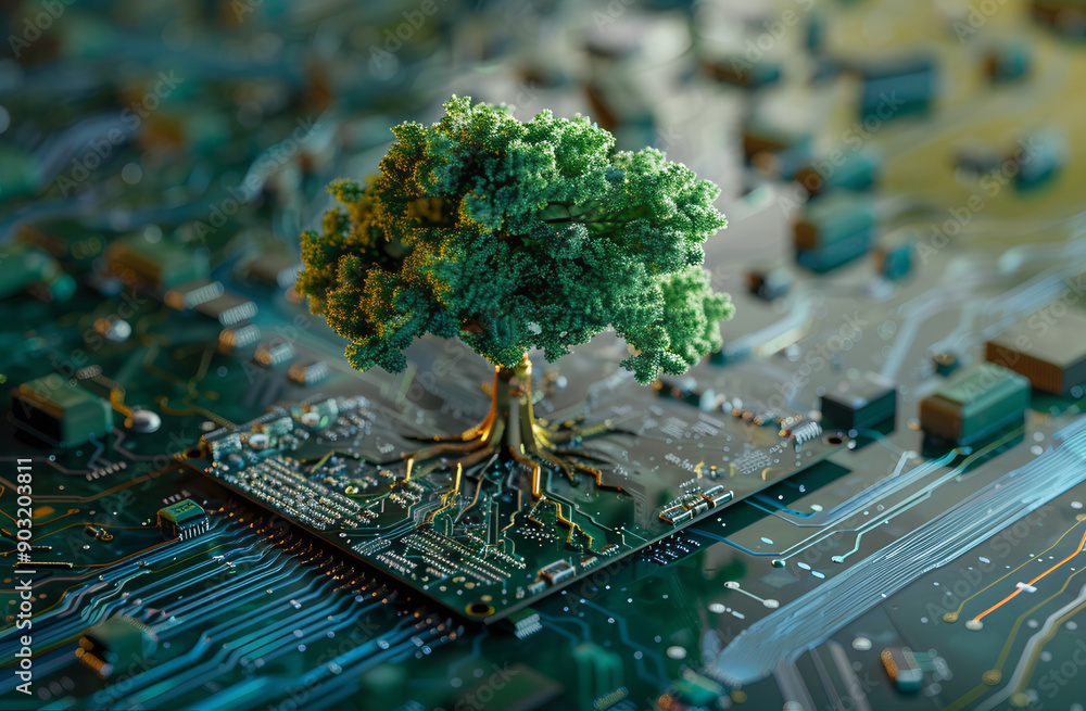 Árvore crescendo no ponto convergente da placa de circuito do ...