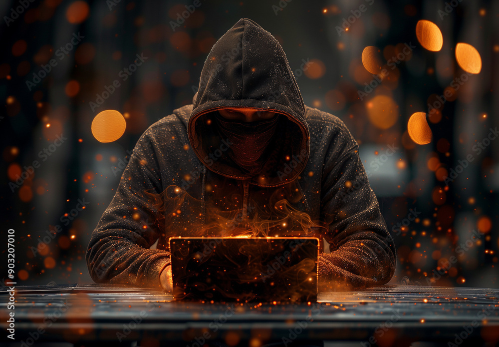 Scary hacker with hooded jacket typing on keyboard hacking cyber ...