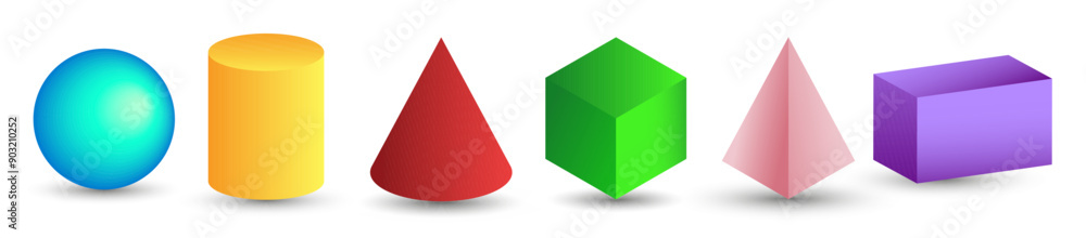 Set of 3d geometric shapes. Isometric views of sphere, cylinder, cone ...