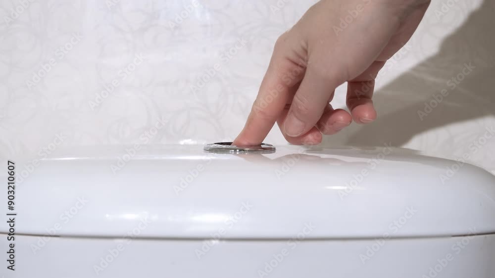 Female pressing the flush button. A view of woman hand pressing the ...