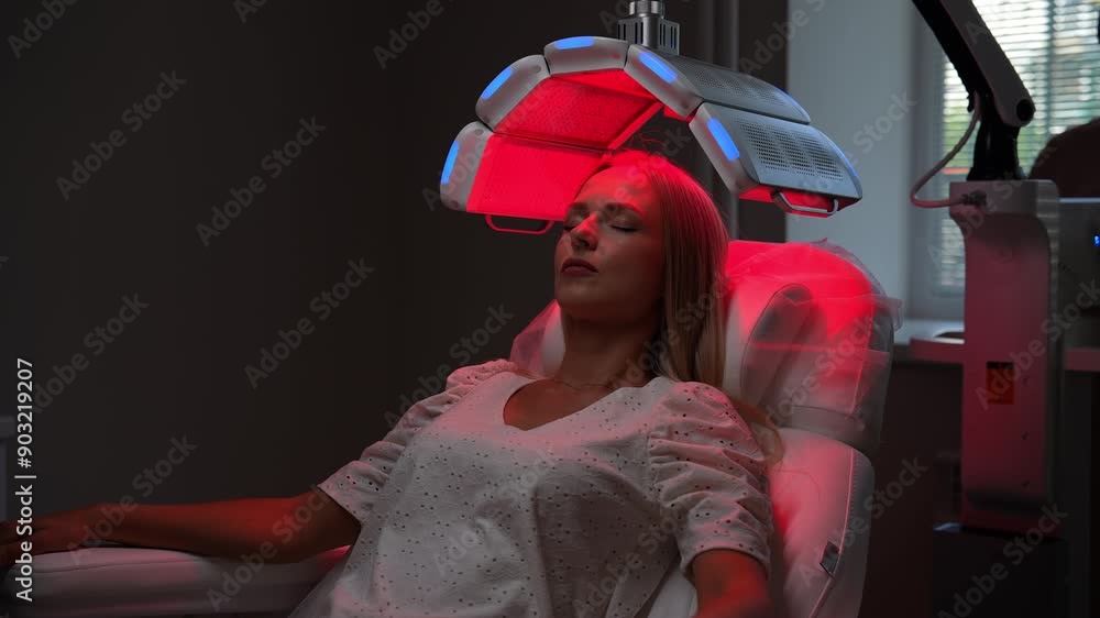 Tracking shot of blonde female with closed eyes lying on procedure ...