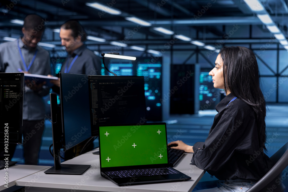 Computer scientist using green screen notebook to oversee blade servers ...