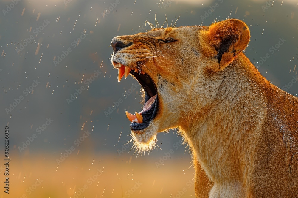 Close-Up of Snarling Lioness with Mouth Open Showing Teeth in the Rain ...