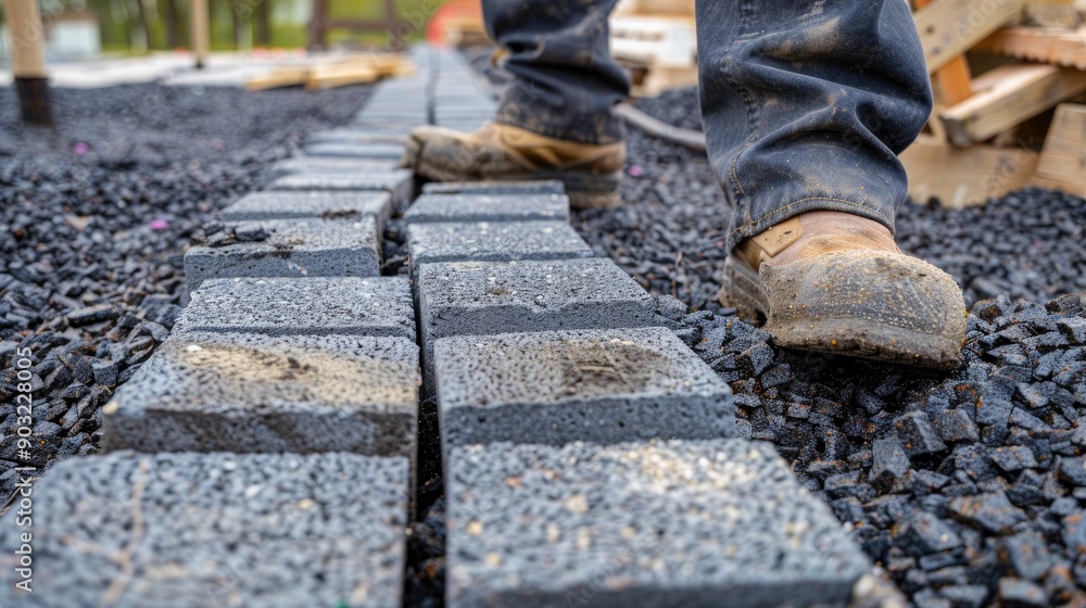 Installing Paving Using Concrete Blocks and Basalt Chips Stock Photo ...