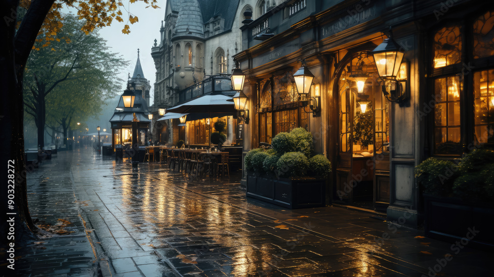 traditional pub on a rainy street of an English city, architecture ...