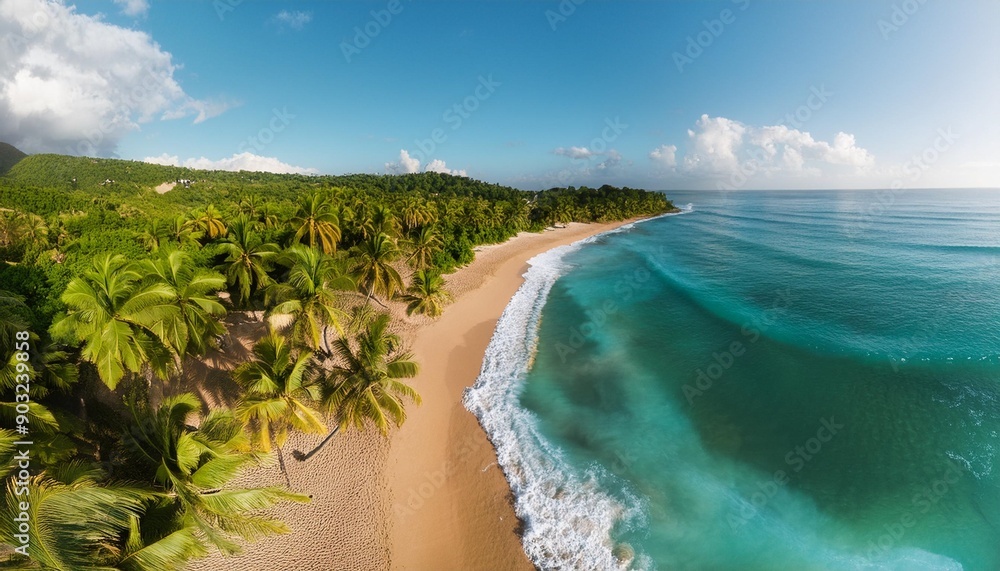 flying above a tropical sandy beach in rincon puerto rico in the ...