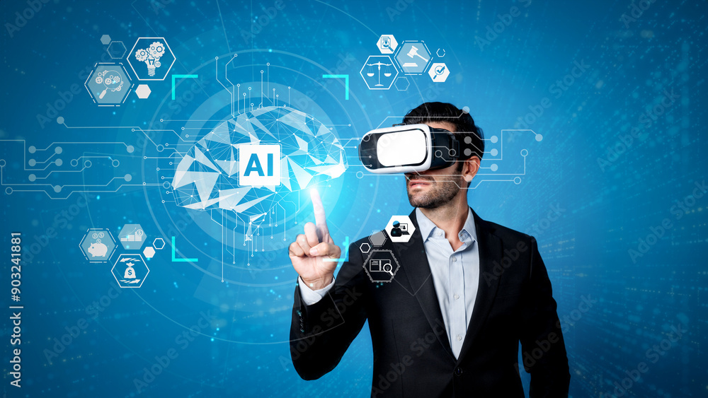 Caucasian business man using chat bot to support and assistant ...