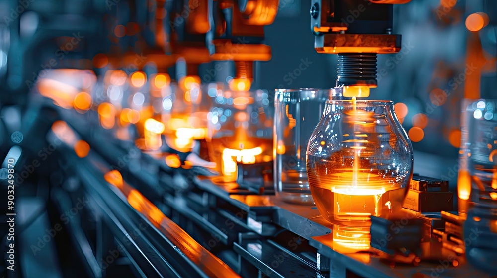 Glass factory production of glass containers Molten glass is blown into ...