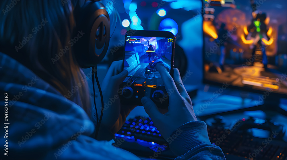 Player using a gaming phone with specialized controls for an immersive ...