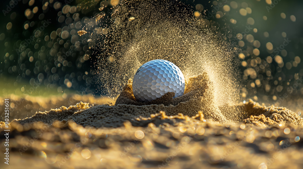 Sand Trap Explosion: Golf ball erupts from the sand in a golden hour ...